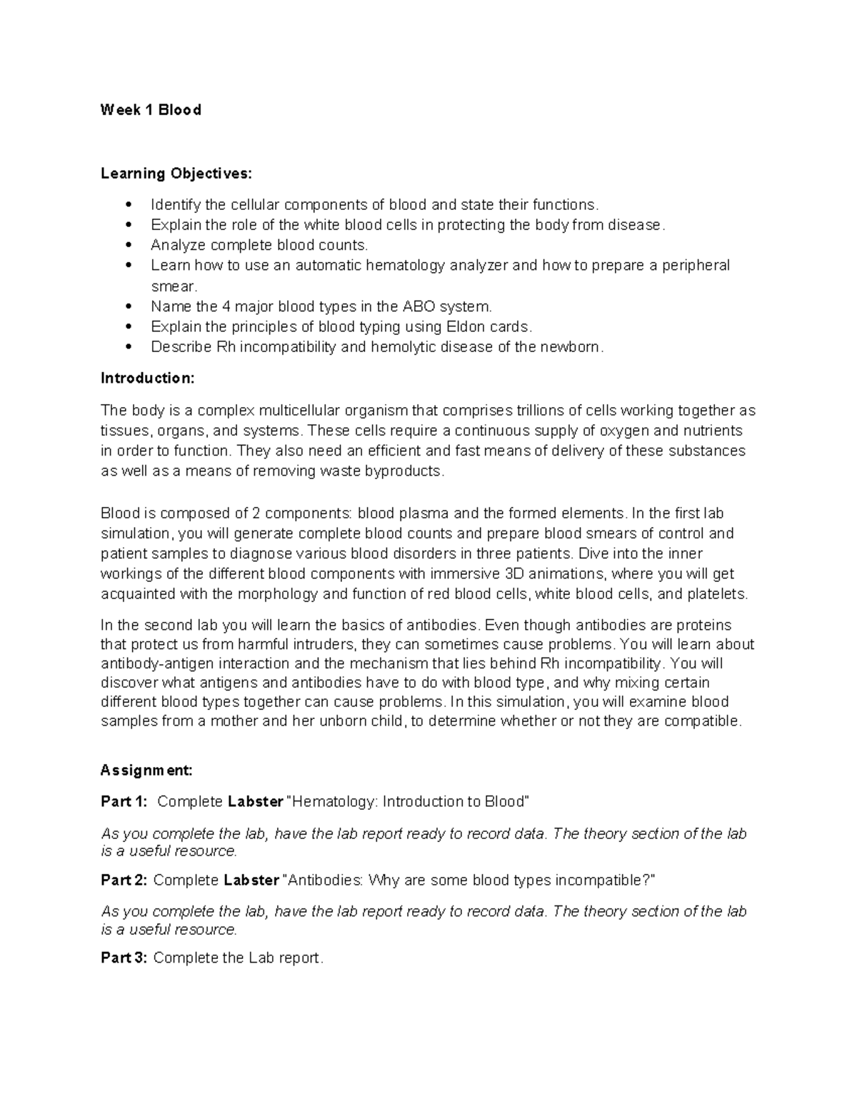 A&P 3 Lab: Blood Components & Hematology Analysis - Week 1 Report - Studocu