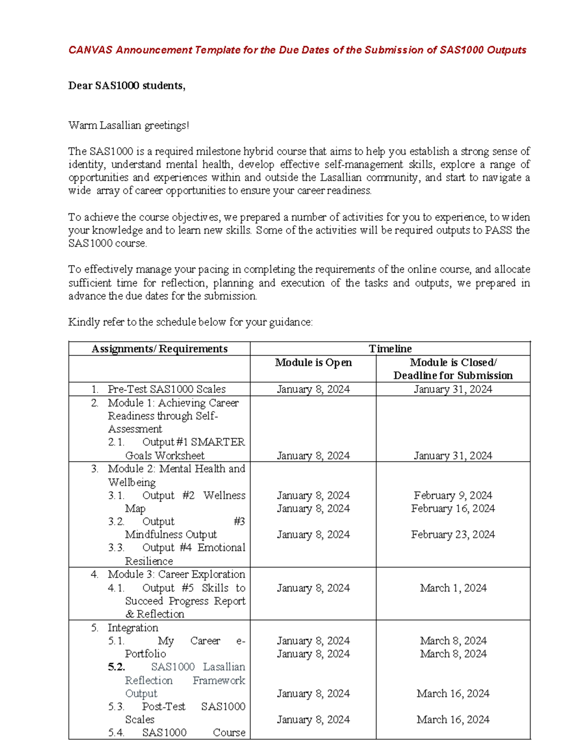 Canvas Announcement Template for SAS1000 Output Due Dates - Studocu