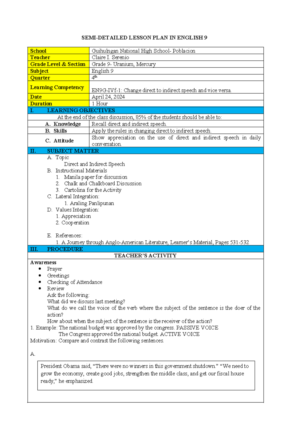 Lesson Plan on Direct & Indirect Speech for English 9 (EN9) - Studocu