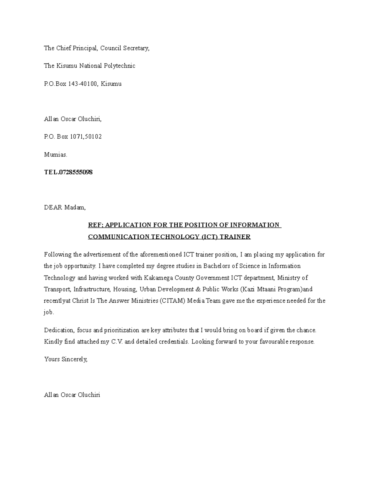 Cover Letter for ICT Trainer Position Application - Studocu