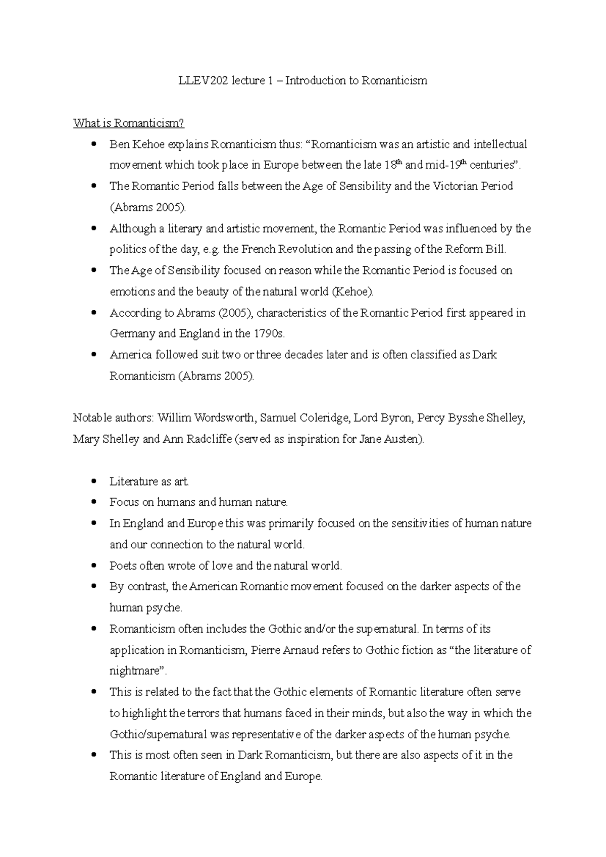 LLEV202 Lecture 1: Introduction to Romanticism and Its Themes - Studocu