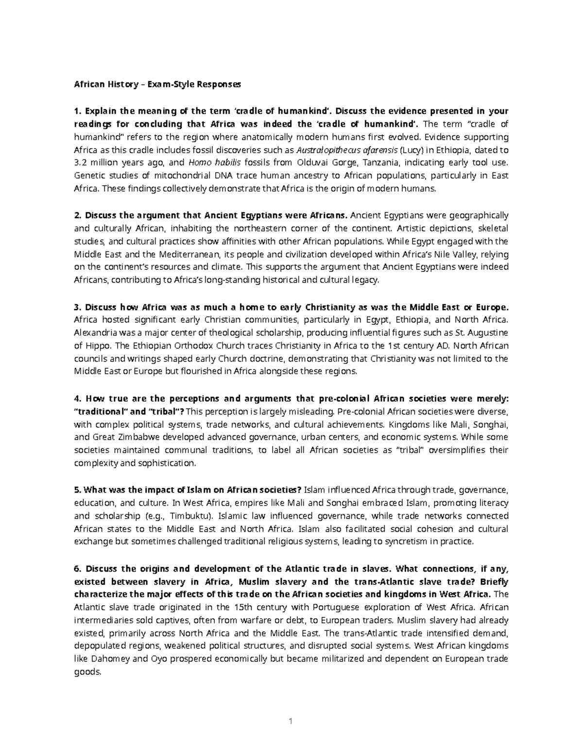 African History Exam Answers: Key Concepts and Discussions - Studocu