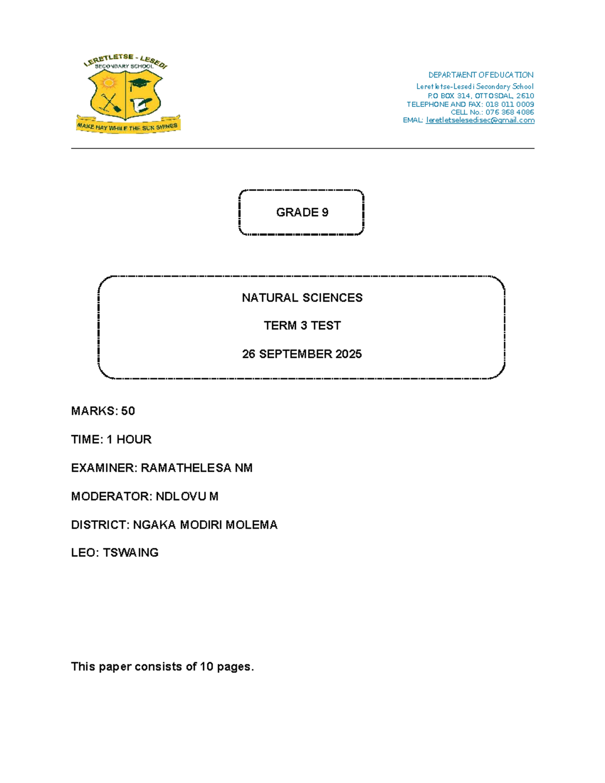 Grade 9 Natural Sciences Term 3 Test - 26 Sept 2025 - Studocu