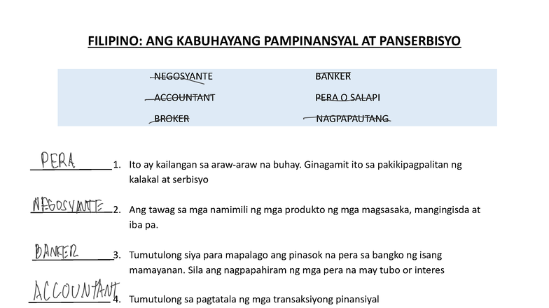 FILIPINO: ELEMENTARY QUIZ SA KABUHAYANG PAMPINANSYAL AT SERBISYO - Studocu