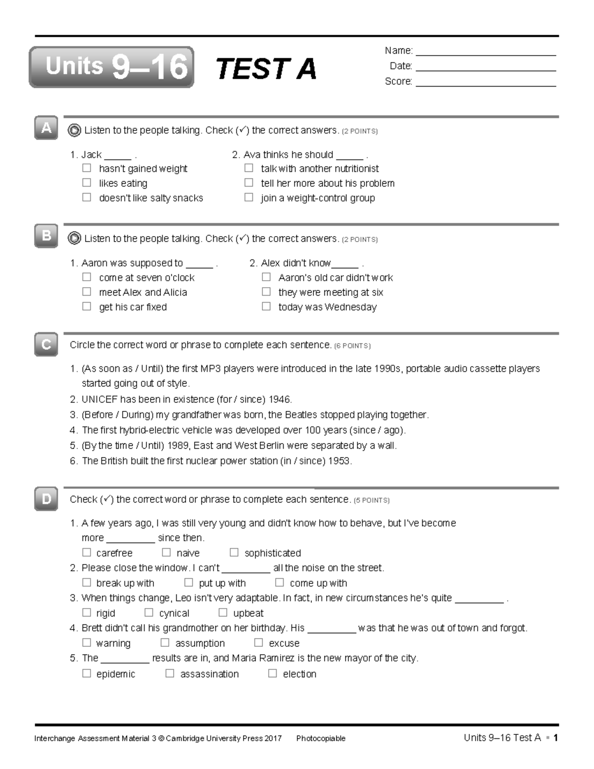 Interchange 3 Assessment 2: Units A Test Review and Answers - Studocu