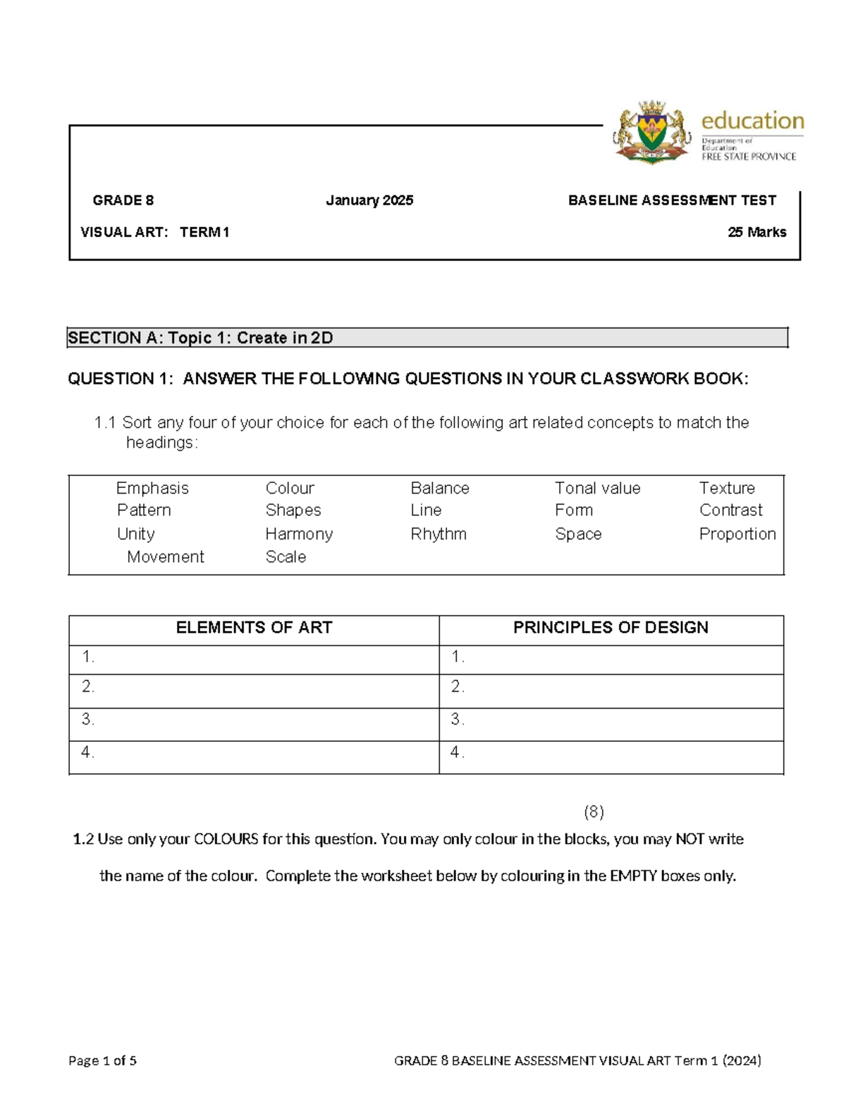 Baseline Assessment: Visual ART Gr. 8 Term 1 2026 - Studocu