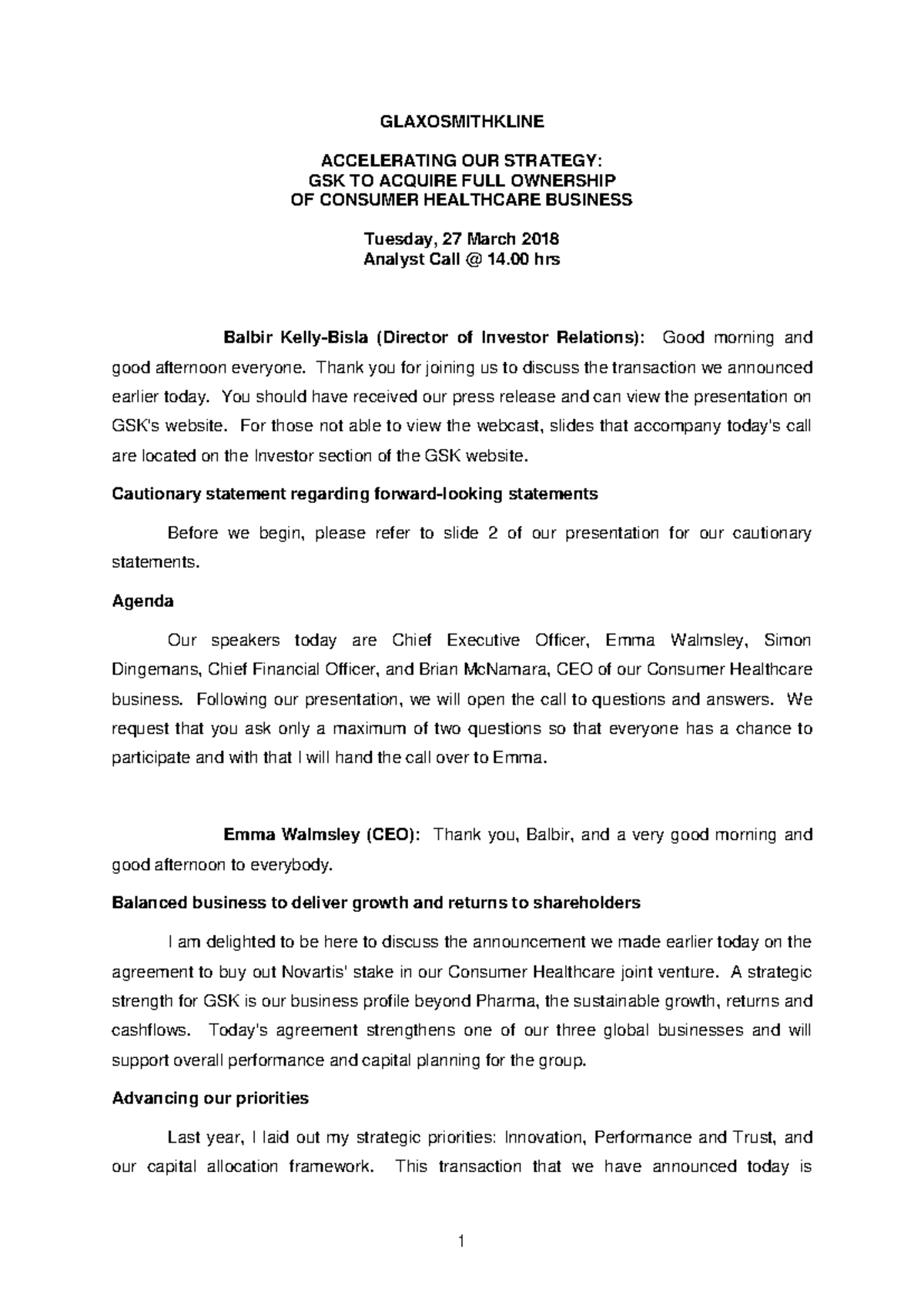 Gsk consumer healthcare update transcript 27mar18 - GLAXOSMITHKLINE ...