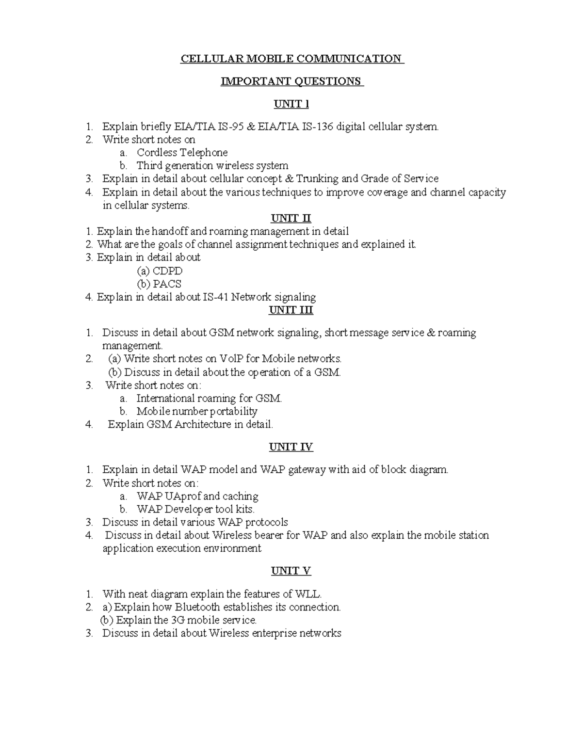 CMC Important Questions: Cellular Mobile Communication Units I-V - Studocu
