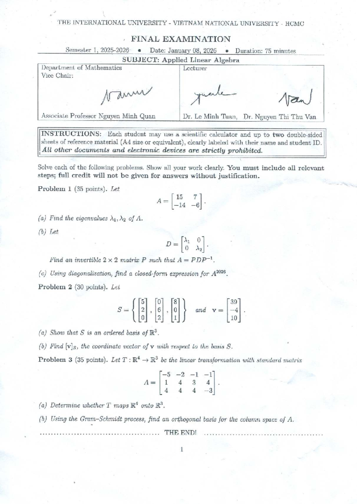 Applied Linear Algebra (ALA) Final Exam - Semester 1, 2026 - Studocu