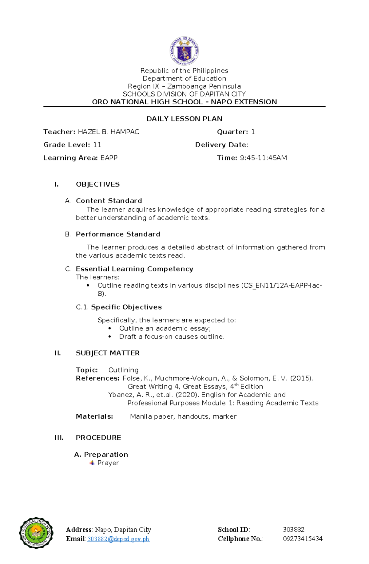 G11 EAPP Lesson Plan: Outlining Strategies and Techniques - Studocu