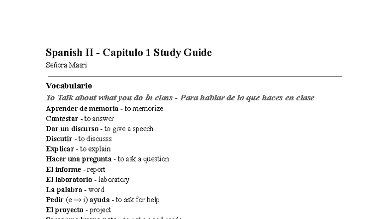 Spanish II - Capitulo 1 & 3A Study Guide - Studocu