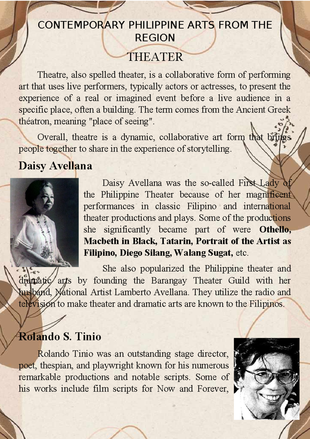 Contemporary Philippine Arts: Theater Insights and Key Figures - Studocu