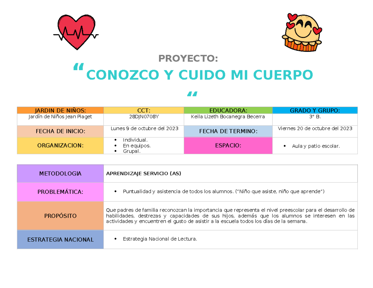 Proyecto Educativo: Conozco y Cuido Mi Cuerpo - Jardín 3° B - Studocu