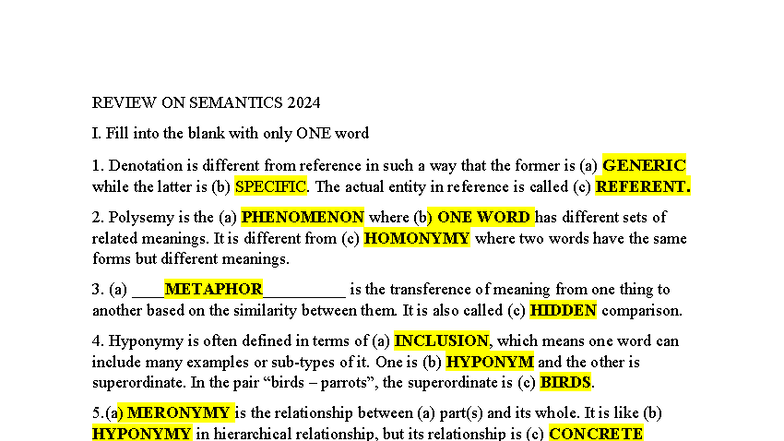 REVIEW ON SEMANTICS 2024: Key Concepts and Definitions - Studocu