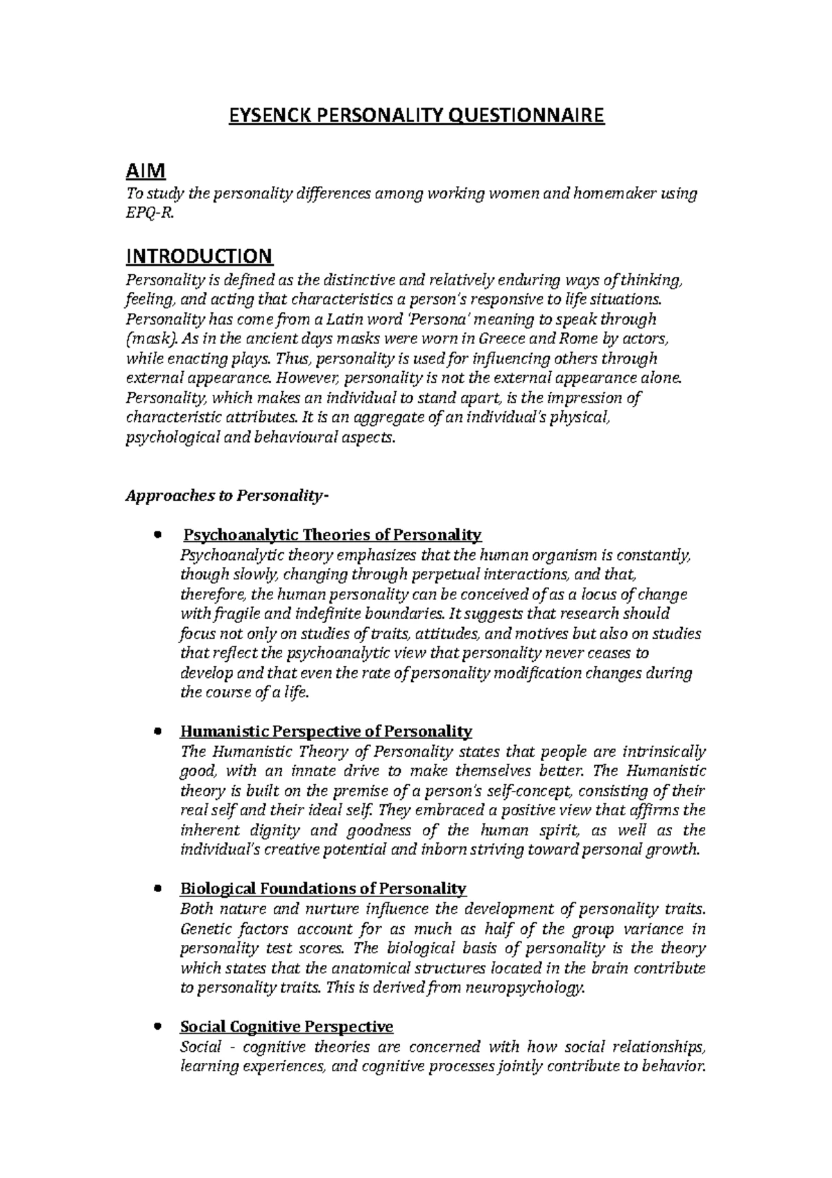 Eysenck Personality Questionnaire - EYSENCK PERSONALITY QUESTIONNAIRE ...