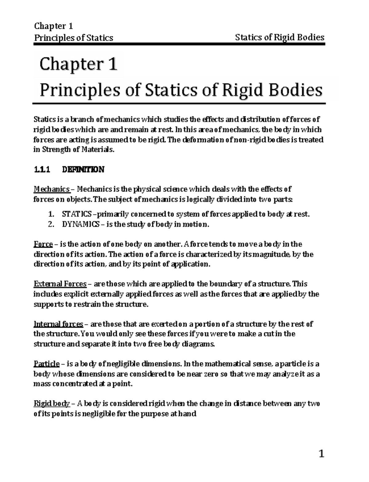 Chapter 1: Principles of Statics of Rigid Bodies (ENGR 101) - Studocu