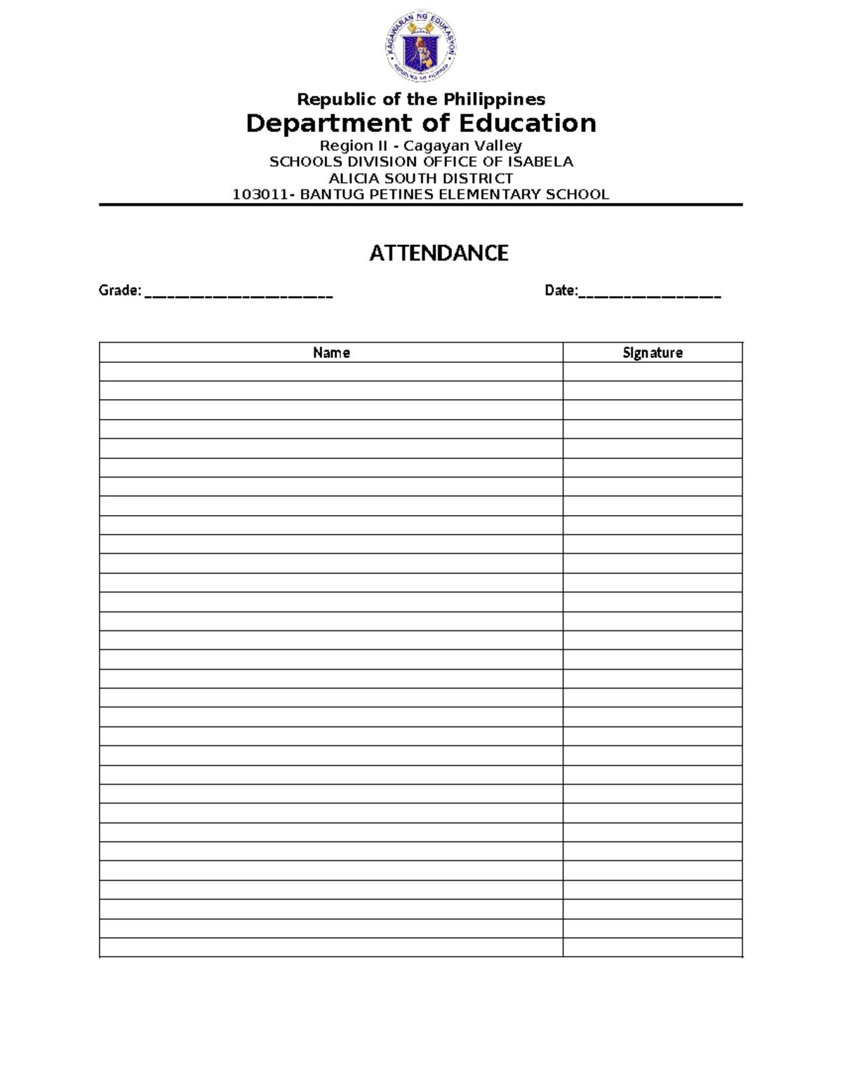 Attendace - attendance template - Bachelor of Elementary Education ...