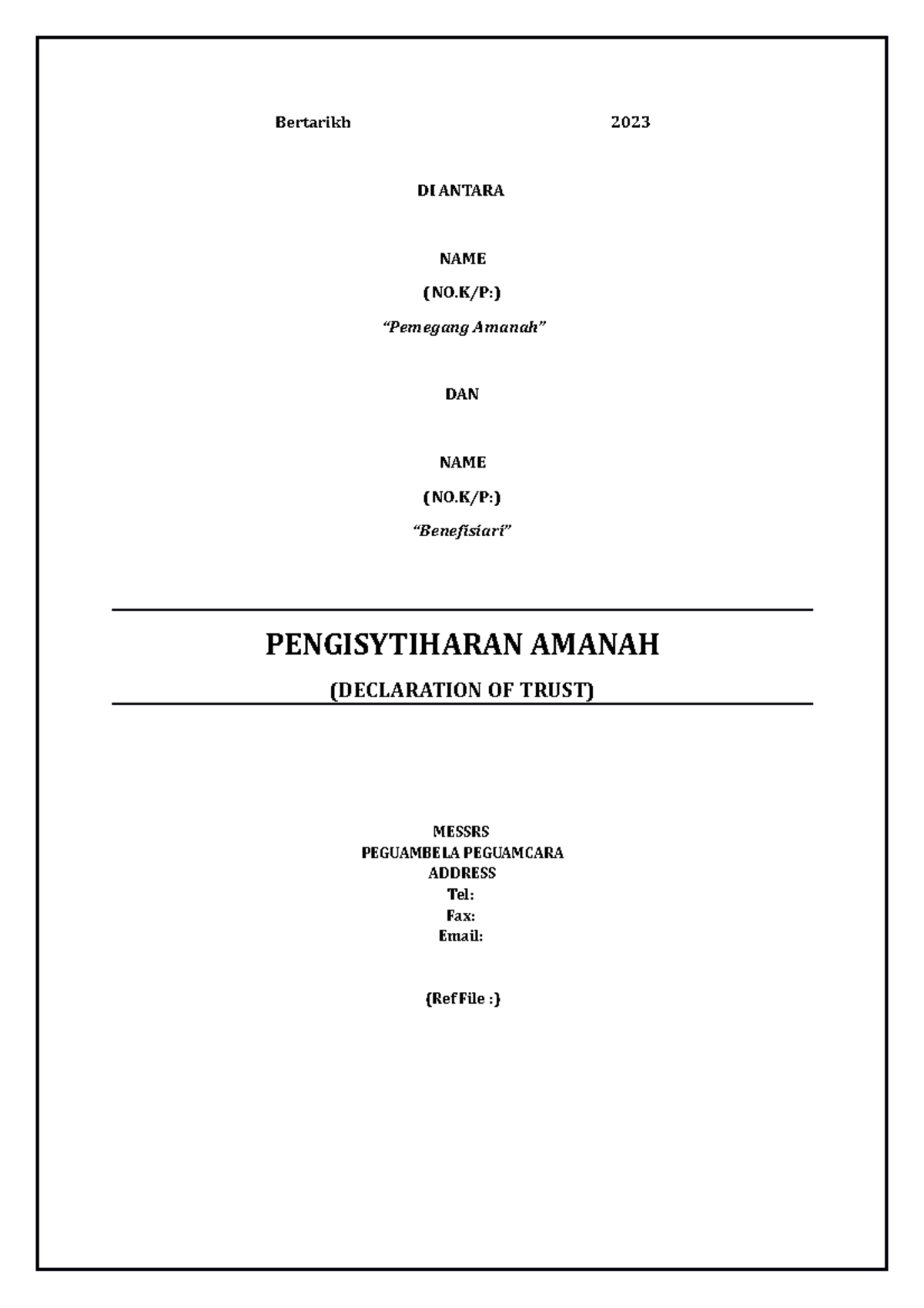 Sample Declaration of Trust - Legal Document Template - Studocu