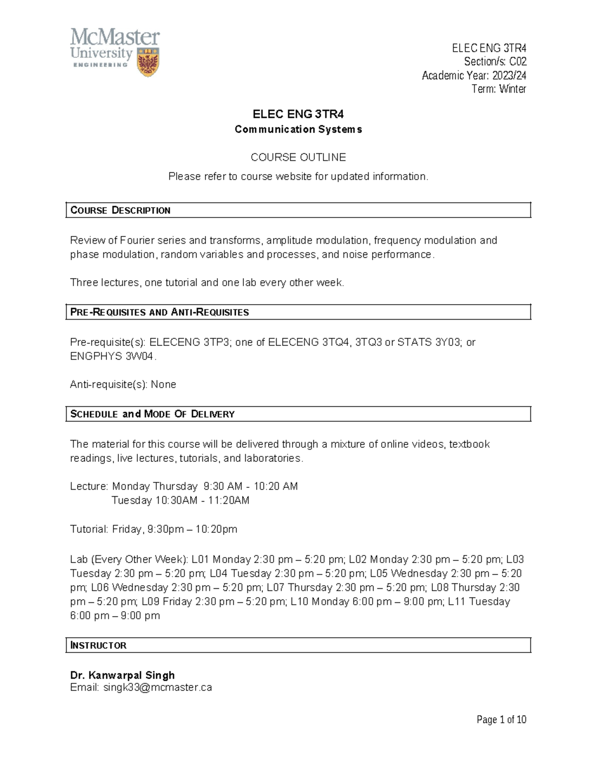 ELEC ENG 3TR4 Course Outline - Communication Systems Winter 2023-24 C02 - Studocu
