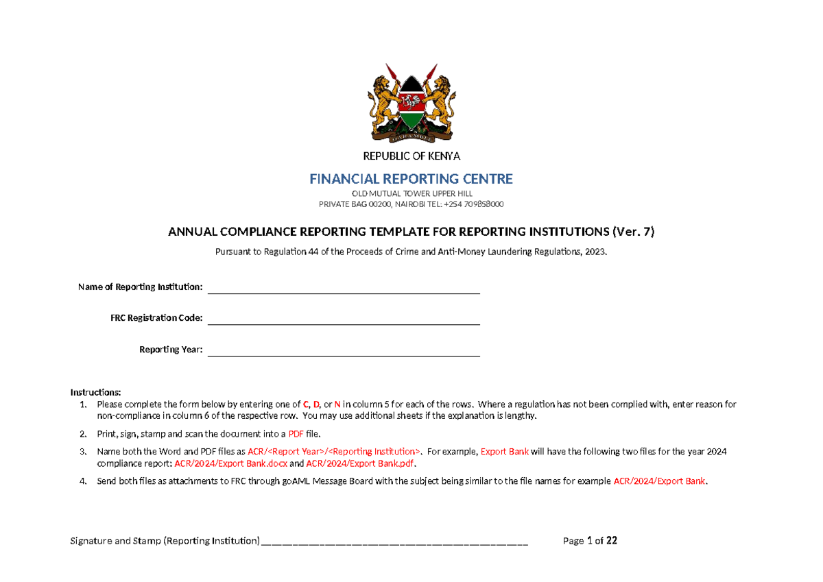 Annual Compliance Reporting Template for Reporting Institutions (ACR ...