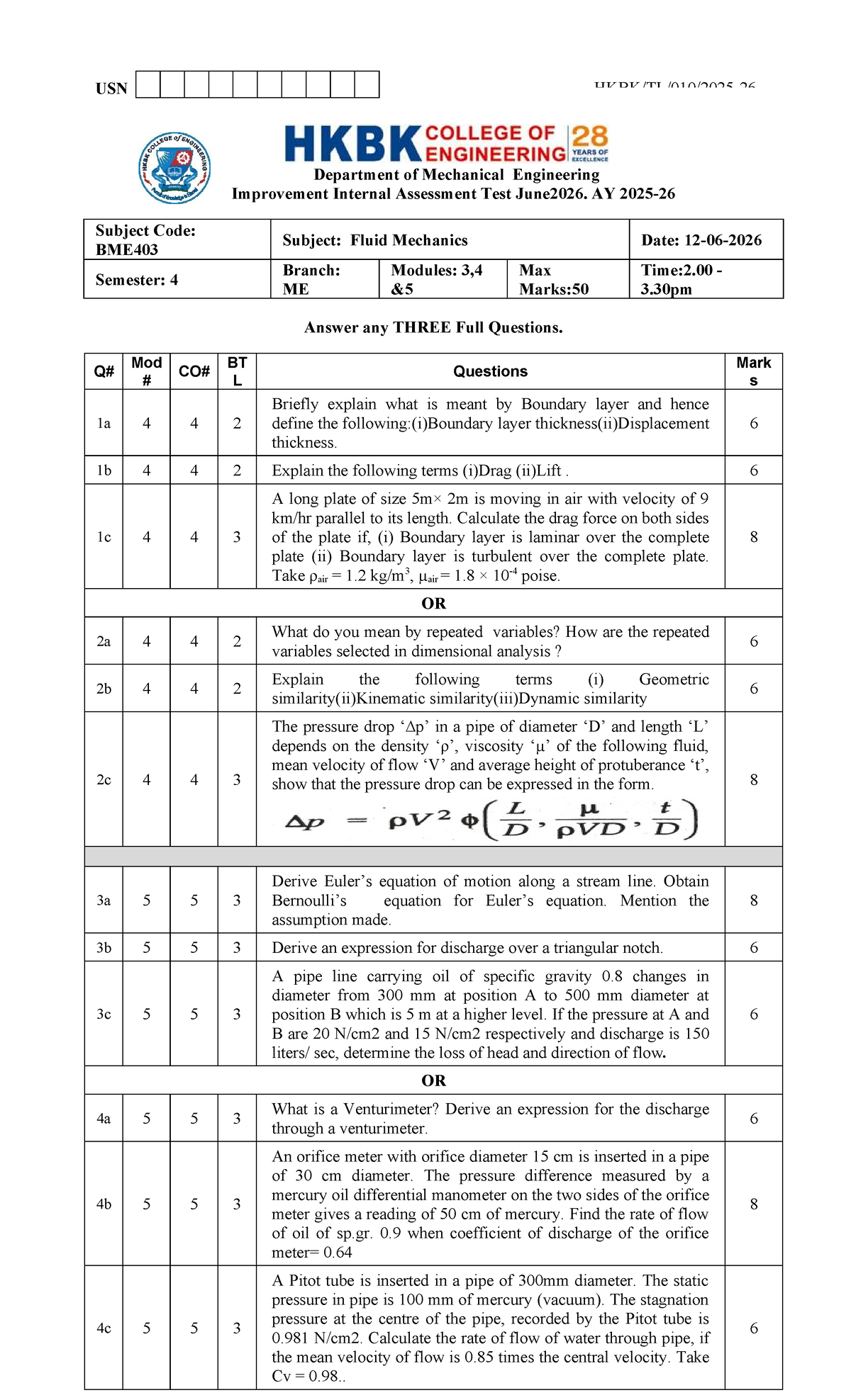 BME403 - Internal Assessment Test on Fluid Mechanics June 2026 - Studocu