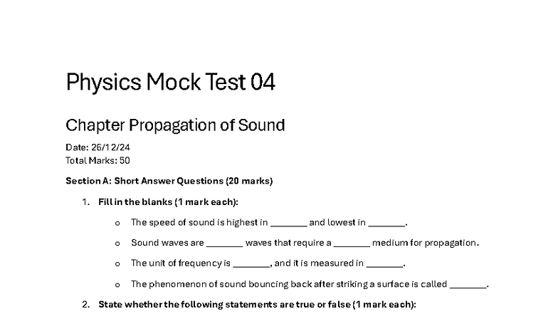 Physics Mock Test 04: Sound Propagation Concepts and Questions - Studocu