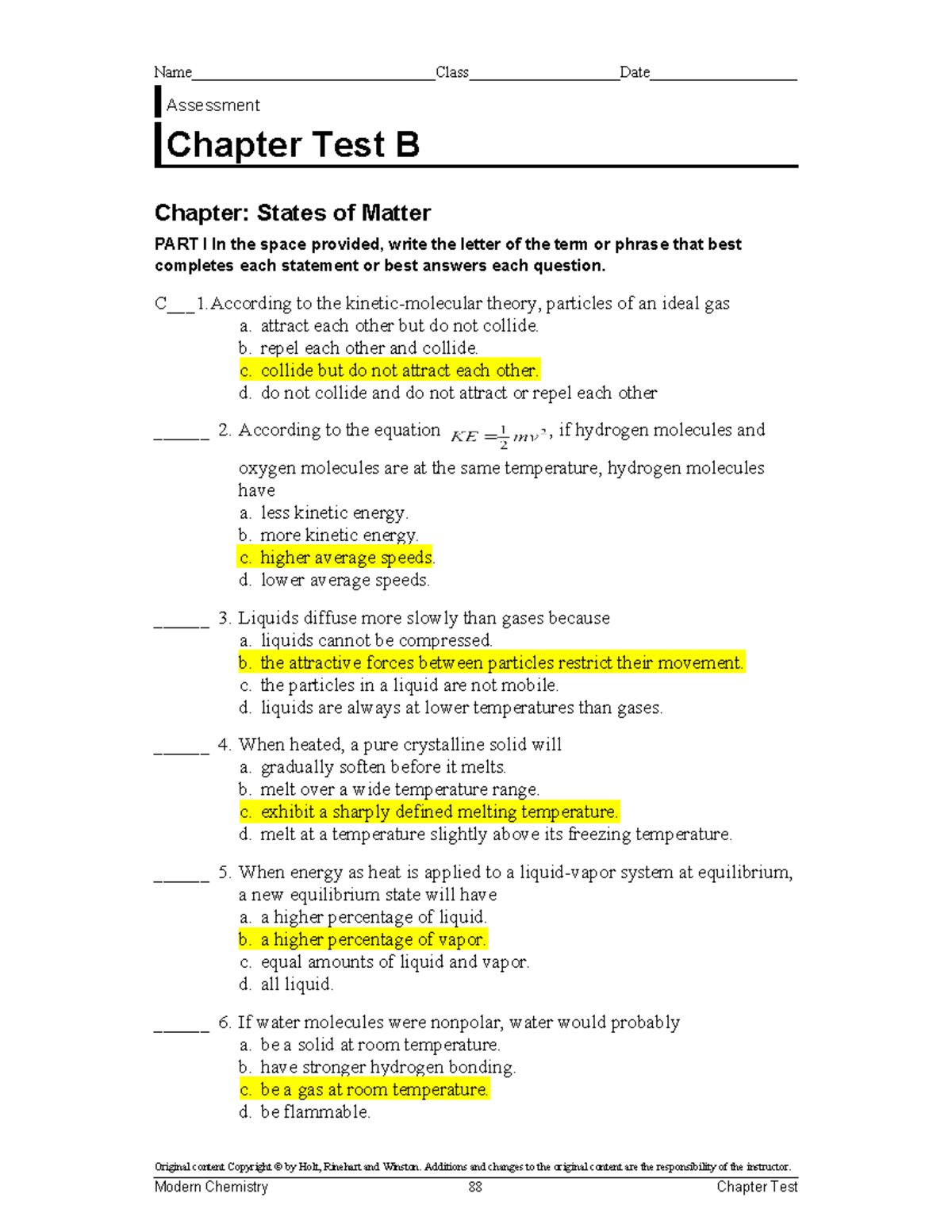 Modern Chemistry 88: Chapter Test B - States of Matter - Studocu