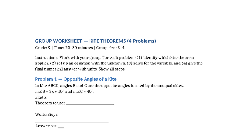 Grade 9 Kite Theorems Group Worksheet (4 Problems) - Studocu
