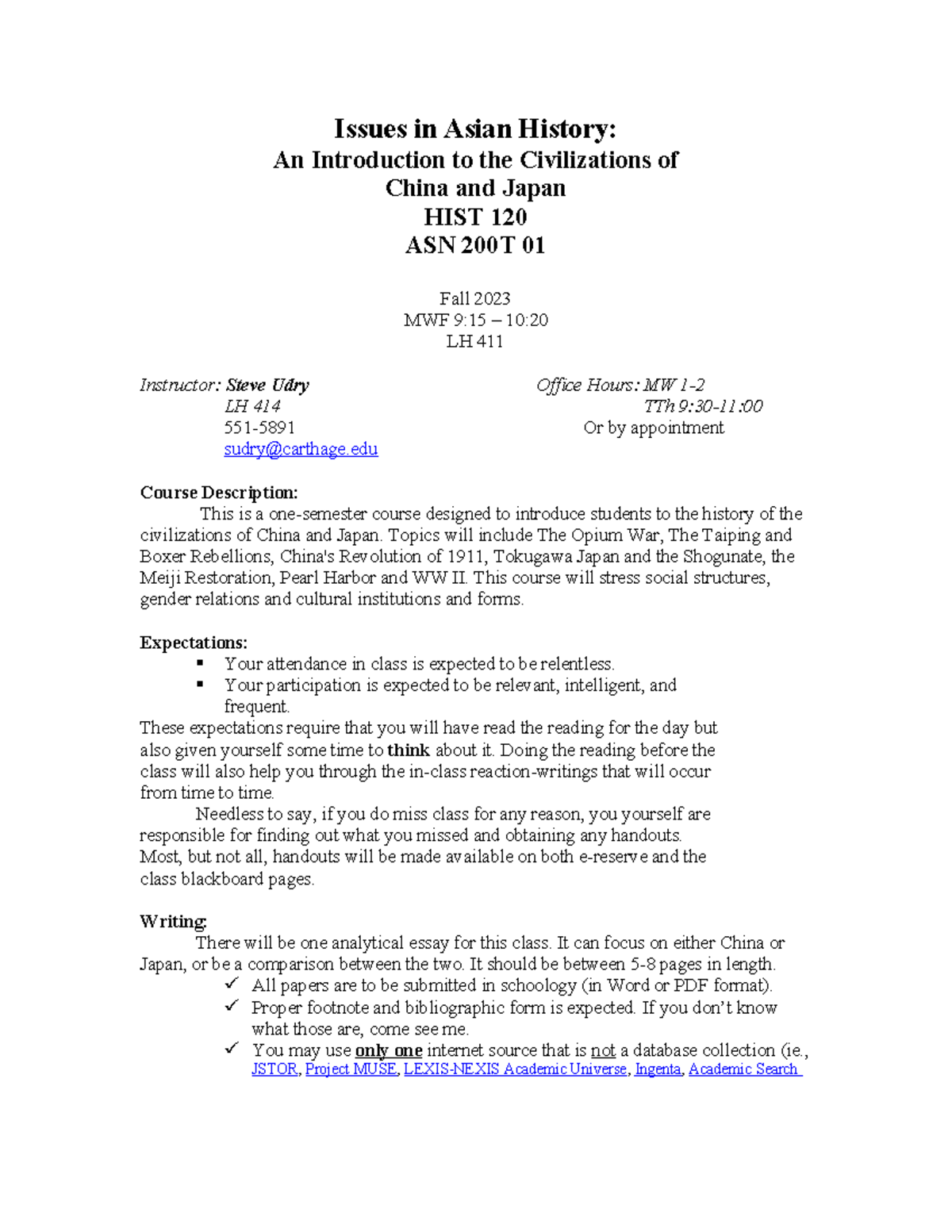 HIST 120 & ASN 200T - Fall 2023 Syllabus: Issues in Asian History - Studocu