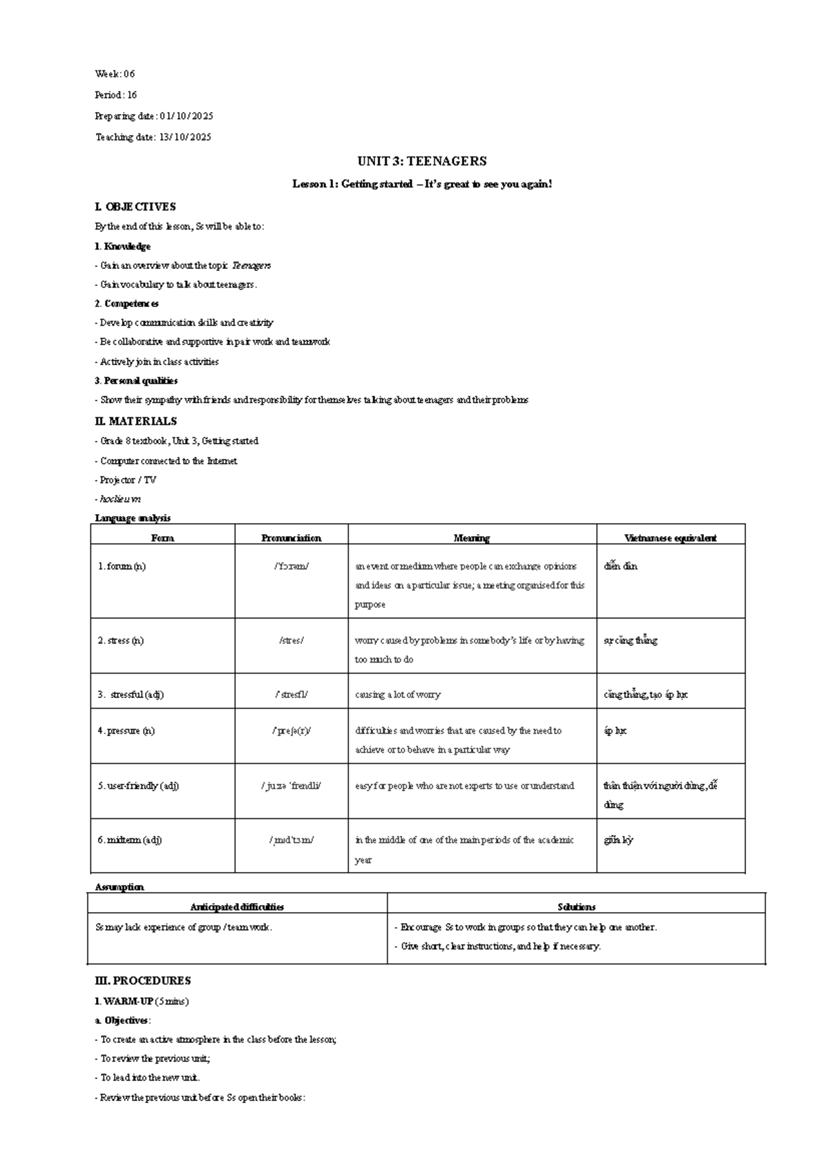A8 - Unit 3: Teenagers - Lesson Plans and Activities - Studocu