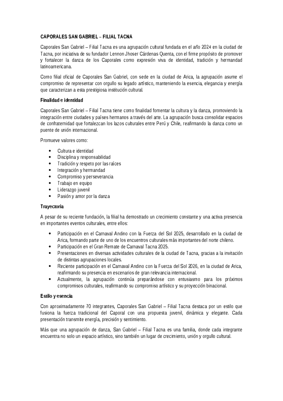 Reseña sobre Caporales San Gabriel Filial Tacna 2024 - Studocu