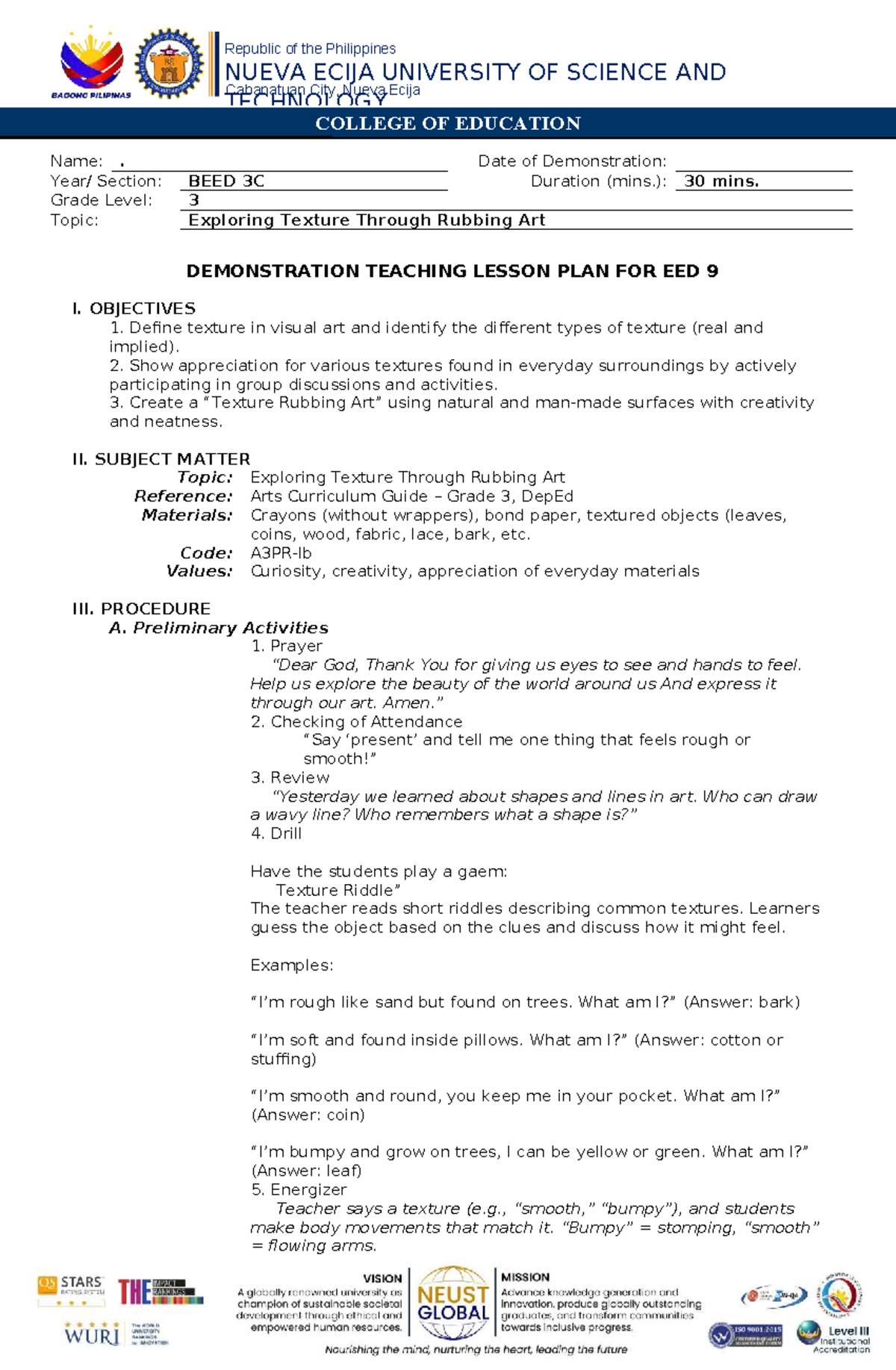 BEED 3C Demonstration Lesson Plan: Exploring Texture Through Rubbing ...