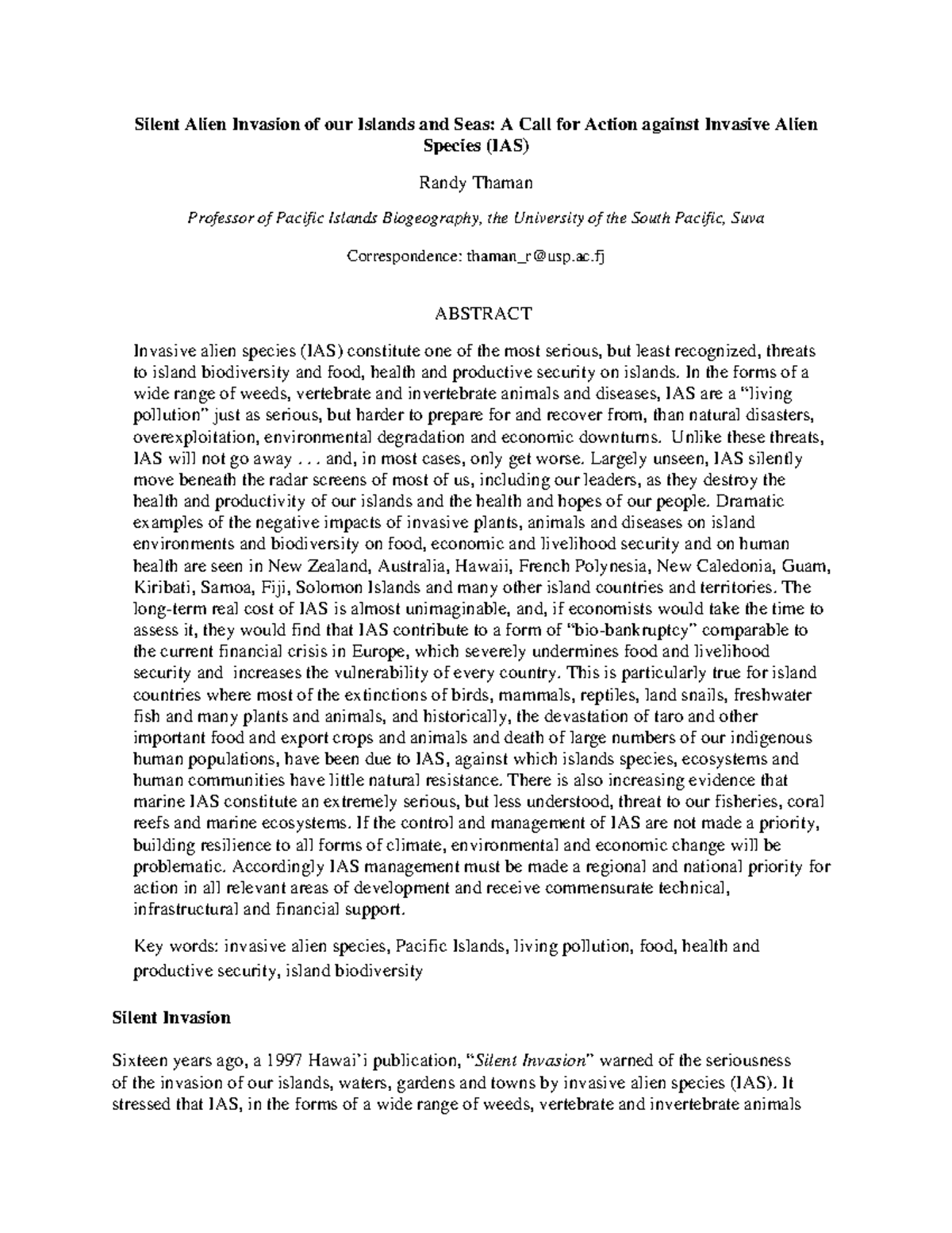 Invasive Alien Species (IAS) Threats to Pacific Islands: A Call to ...