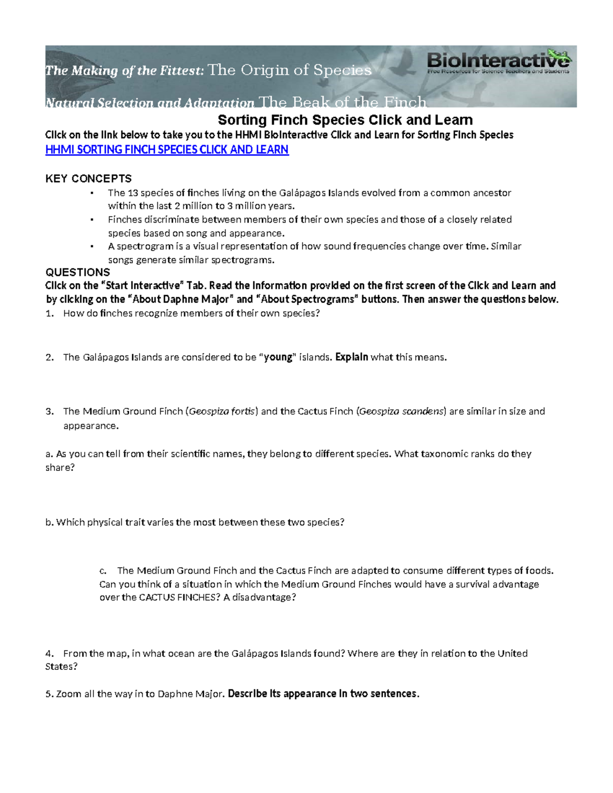 HHMI Sorting Finch Species Activity: Natural Selection Insights - Studocu