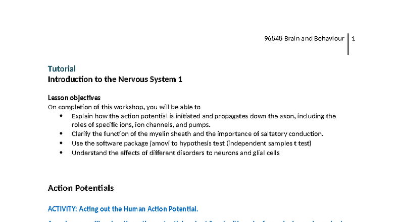 Week 4 - Tutorial Student Sheet - 96848 Brain and Behaviour 1 Tutorial ...