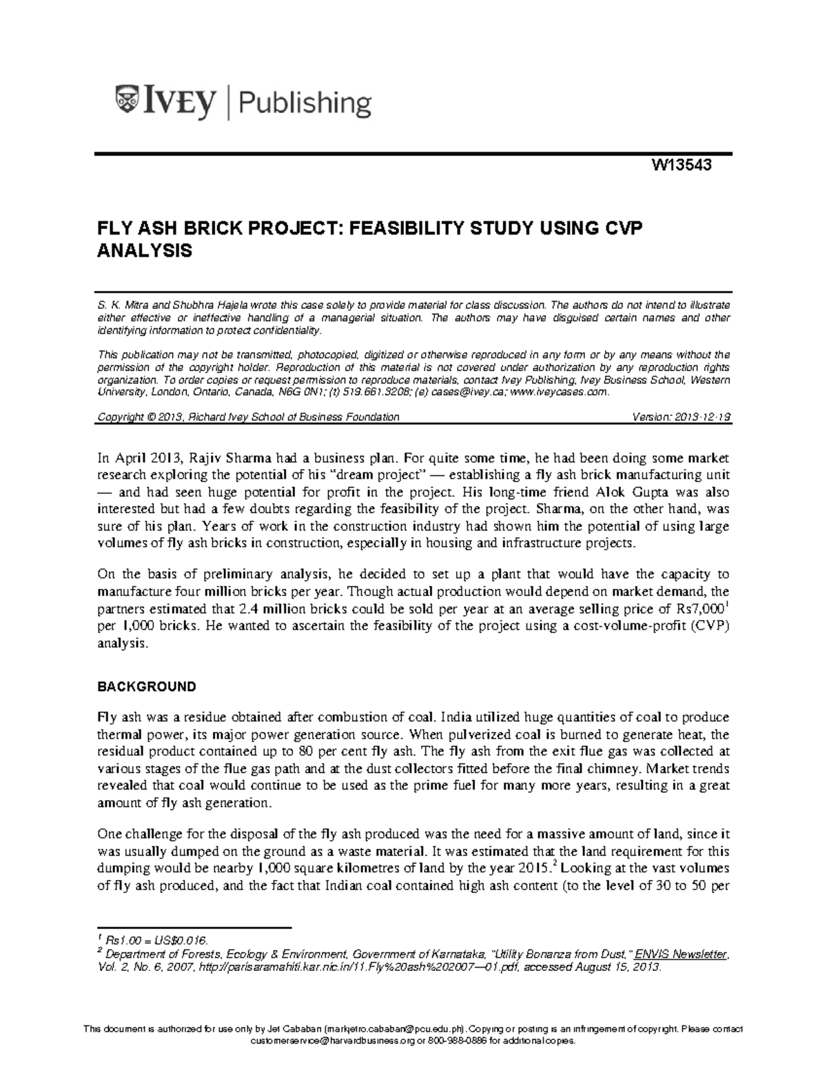 Topic-2-Fly Ash Brick Project Case CVP Analysis Case2 - W FLY ASH BRICK ...