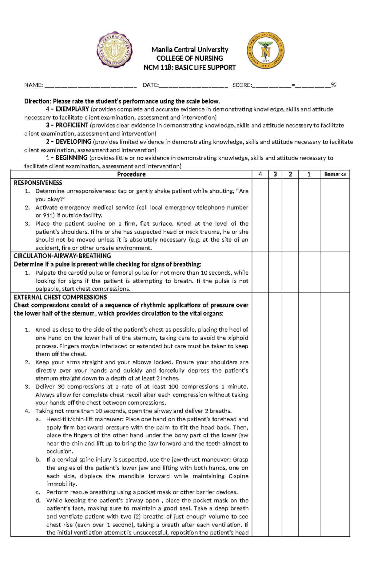 BLS-checklist-1 - Checklist - Manila Central University COLLEGE OF ...