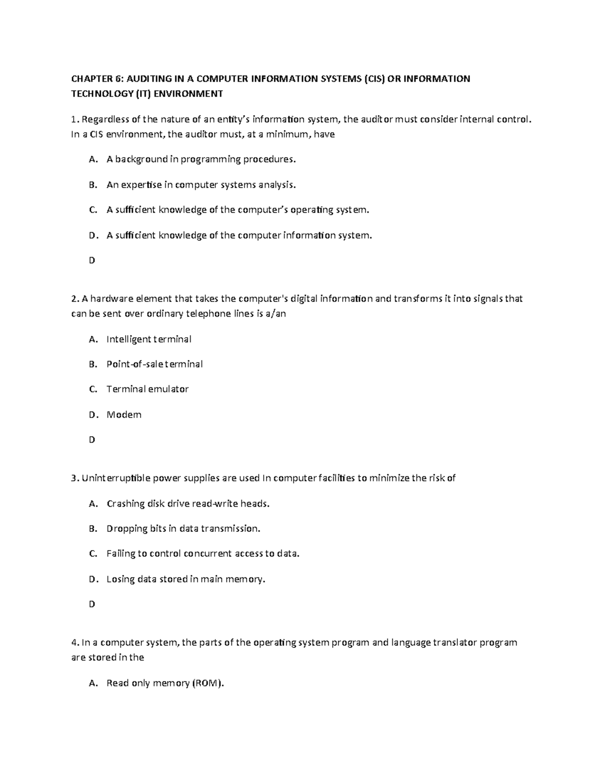 CIS Chapter 6: Auditing in Computer Information Systems (CIS) - Studocu