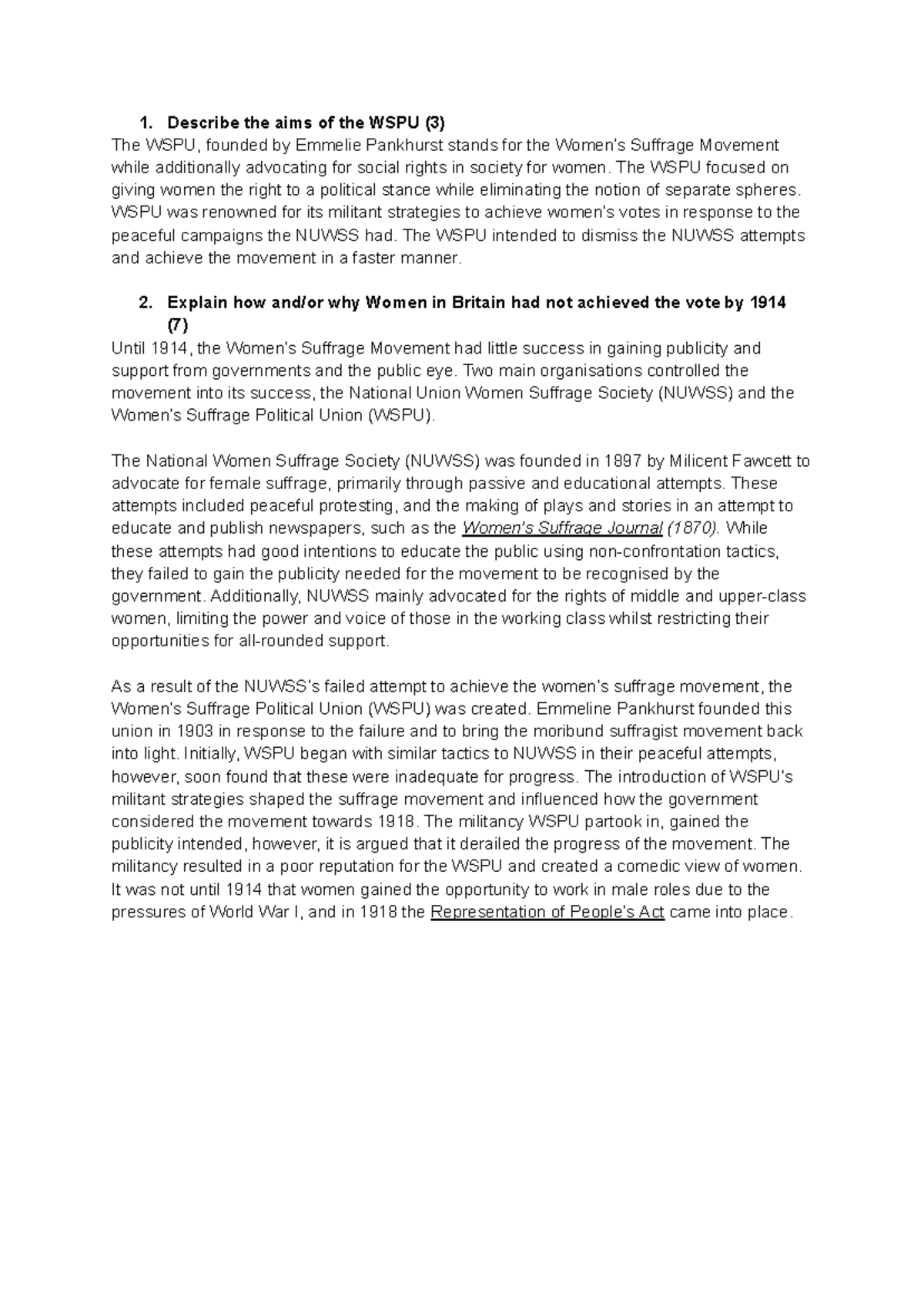 WSPU and NUWSS: A Study of Women's Suffrage Strategies - Studocu