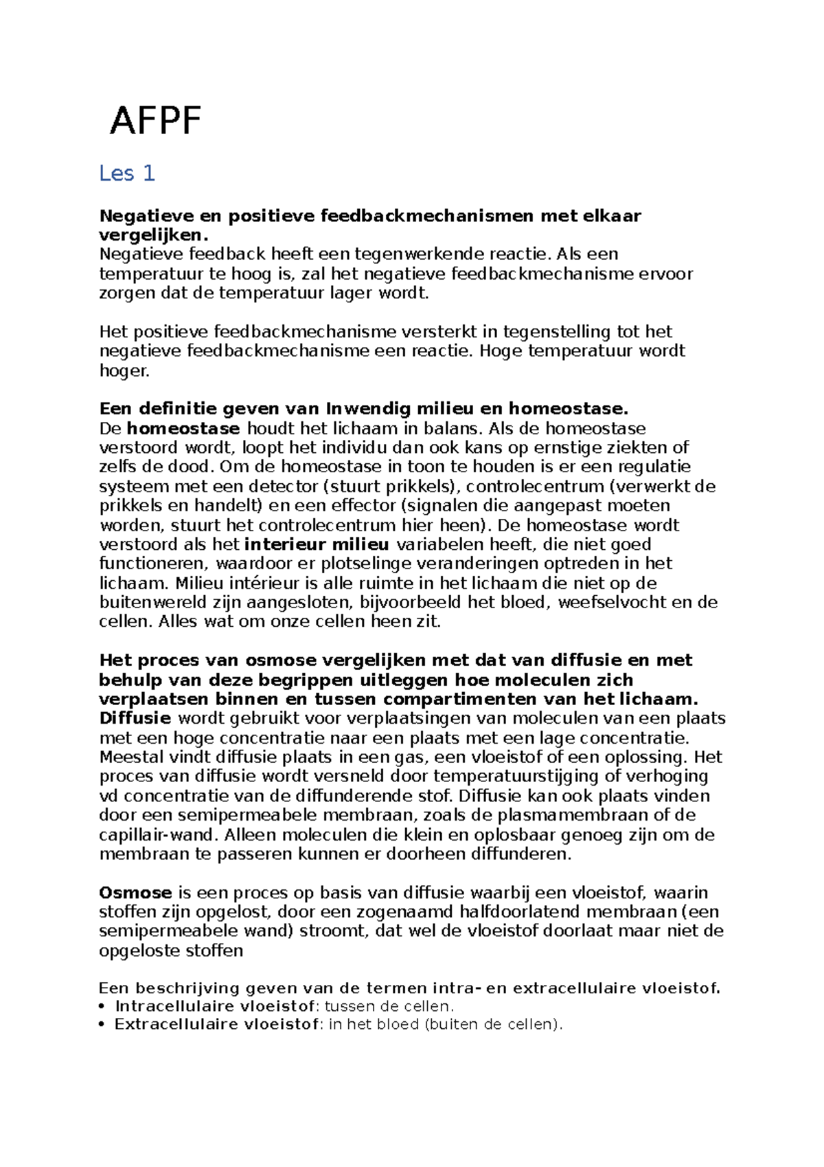 Afpf College Les 1 & 2: Feedbackmechanismen, Osmose en Immuniteit - Studeersnel