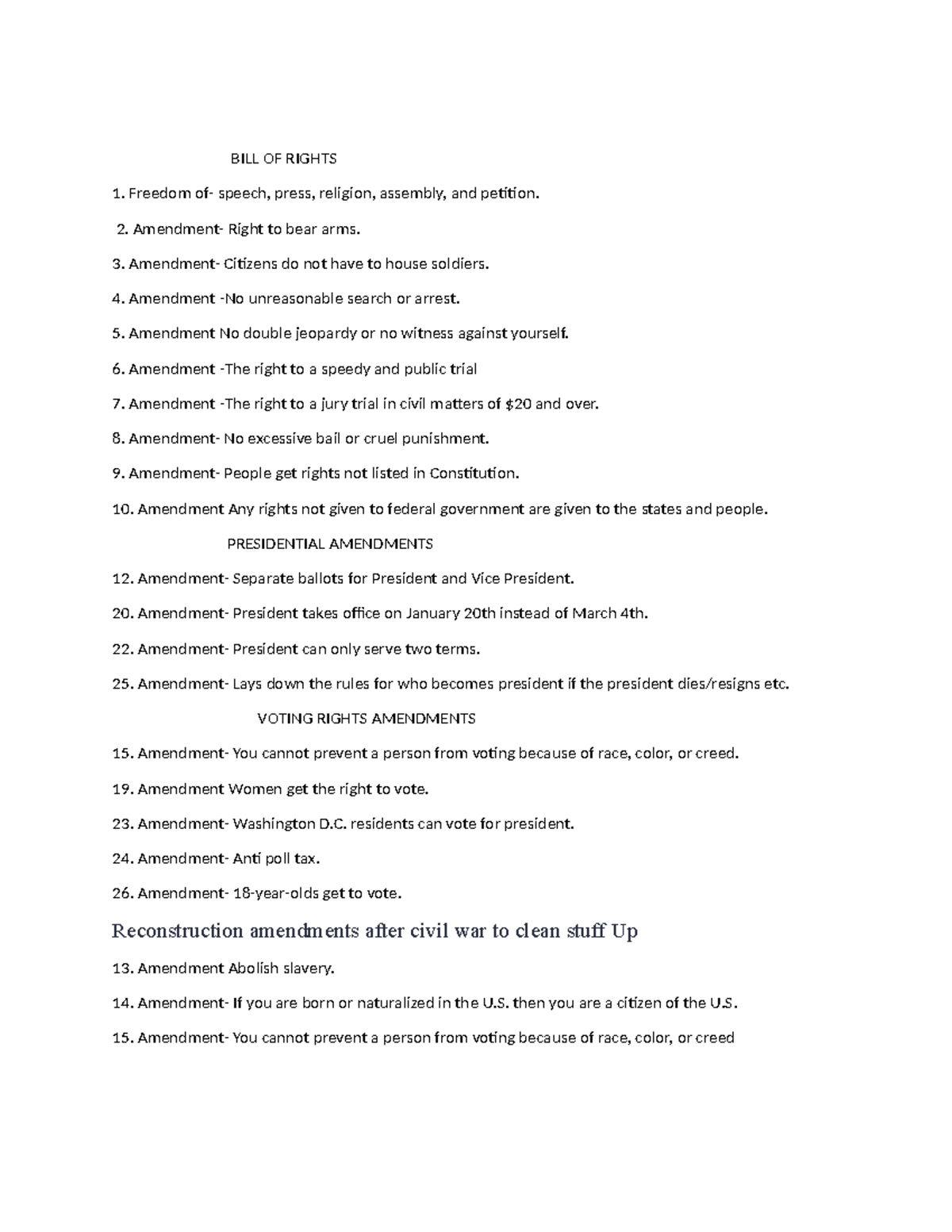 27 Amendments - Study Sheet for Bill of Rights and Reforms - Studocu