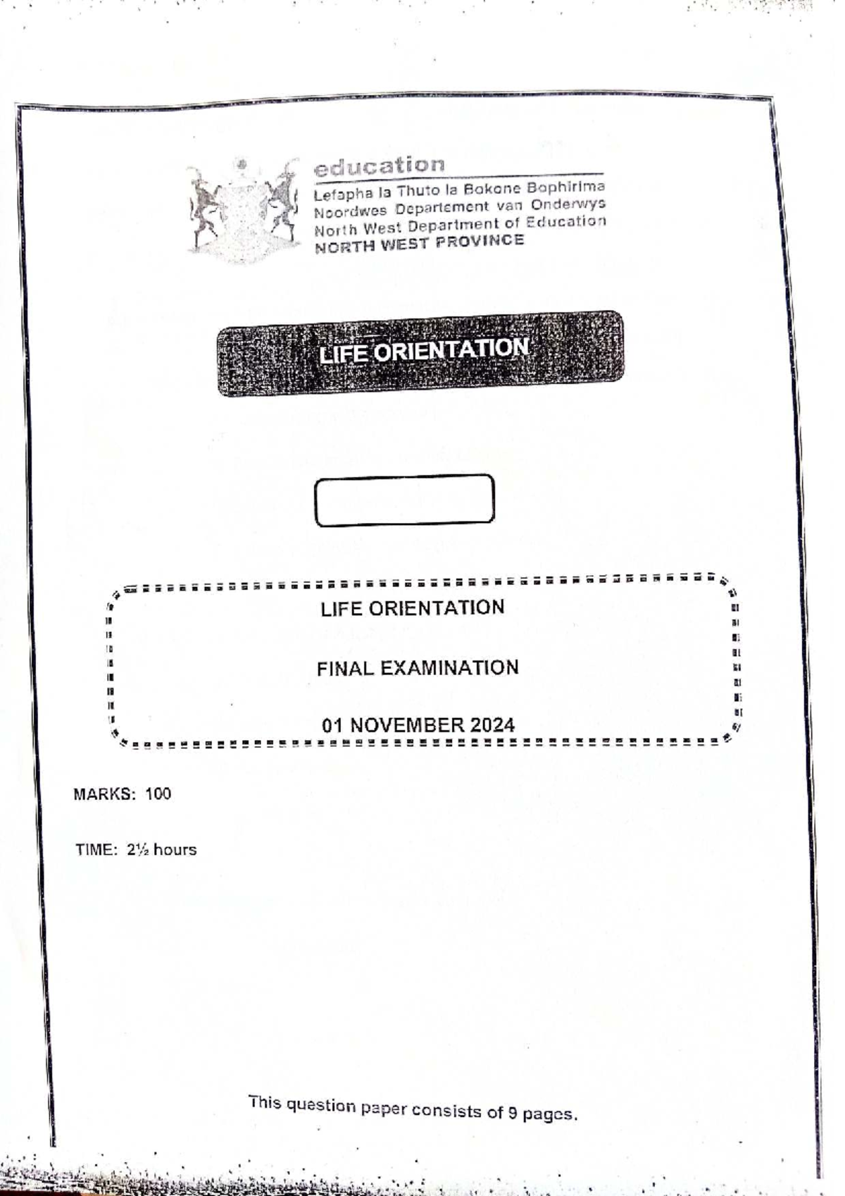 LIFE ORIENTATION Grade 10 Final Exam QP - Nov 2024 - Studocu