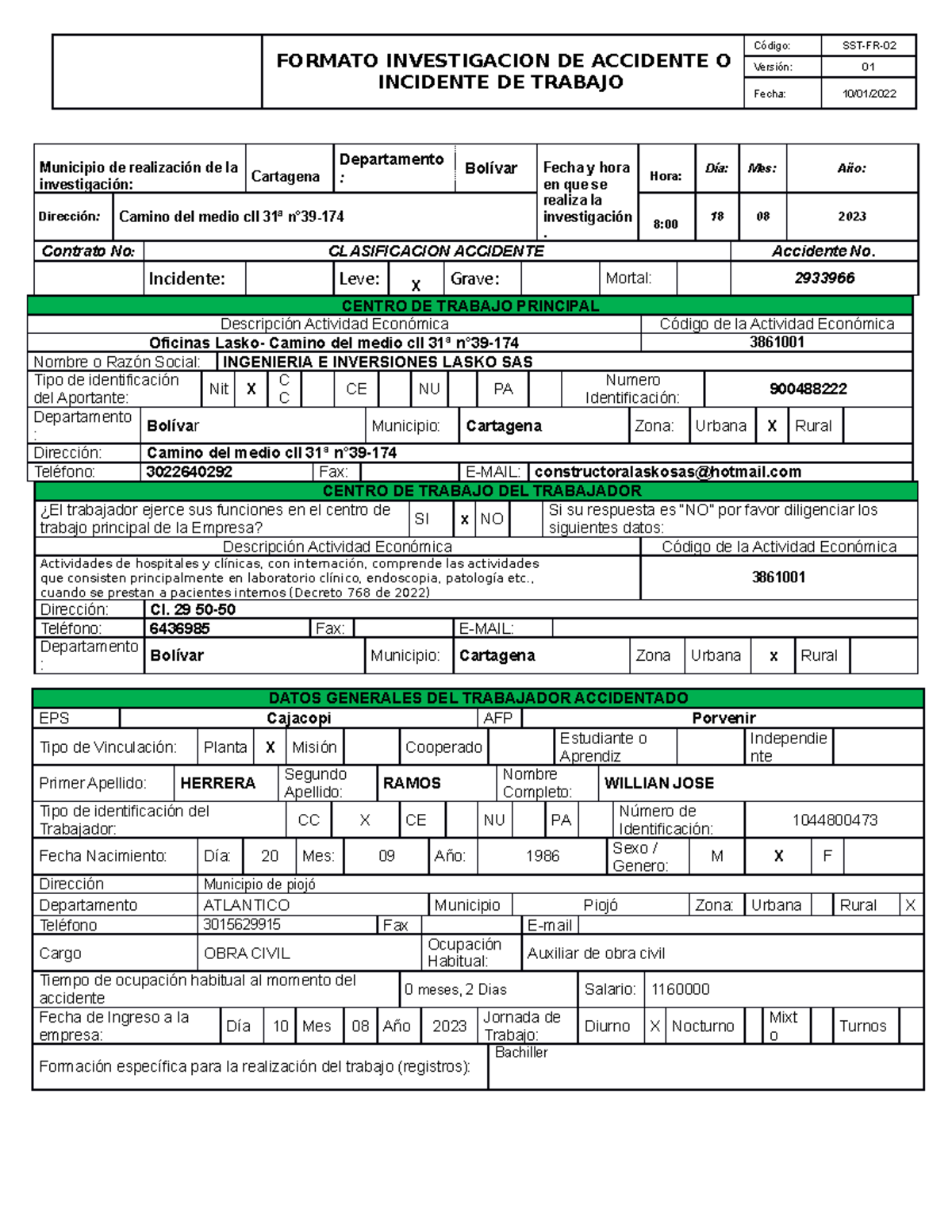 Formato Informe DE Investigacion DE Accidente DE Trabajo O Incidente Presentado POR LA Empresa ...