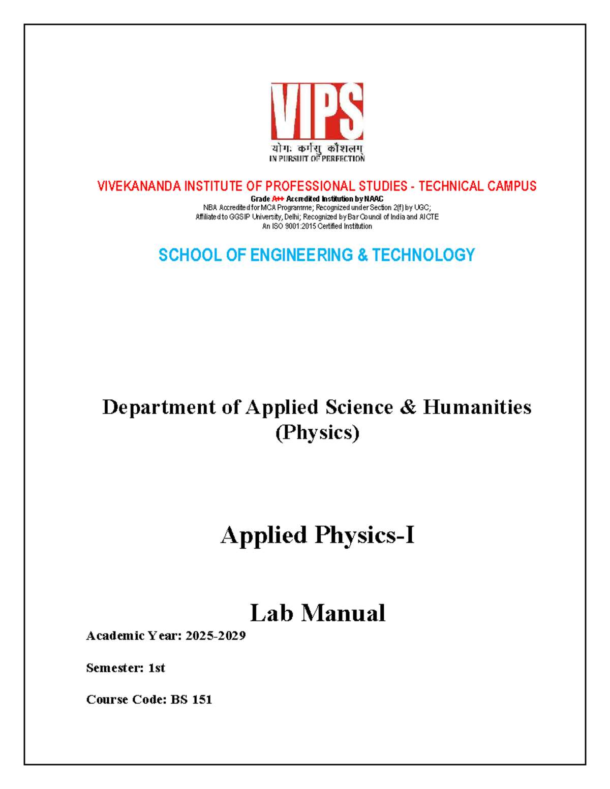BS 151 Applied Physics Lab Manual - 1st Semester - Studocu
