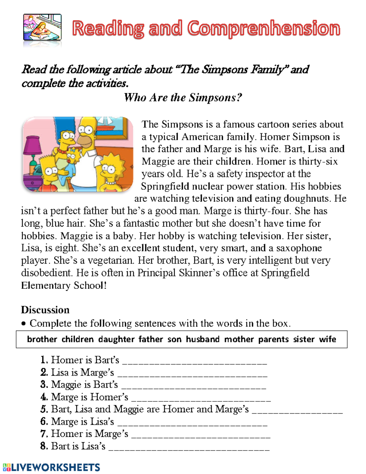 Simpson Family Tree Worksheet