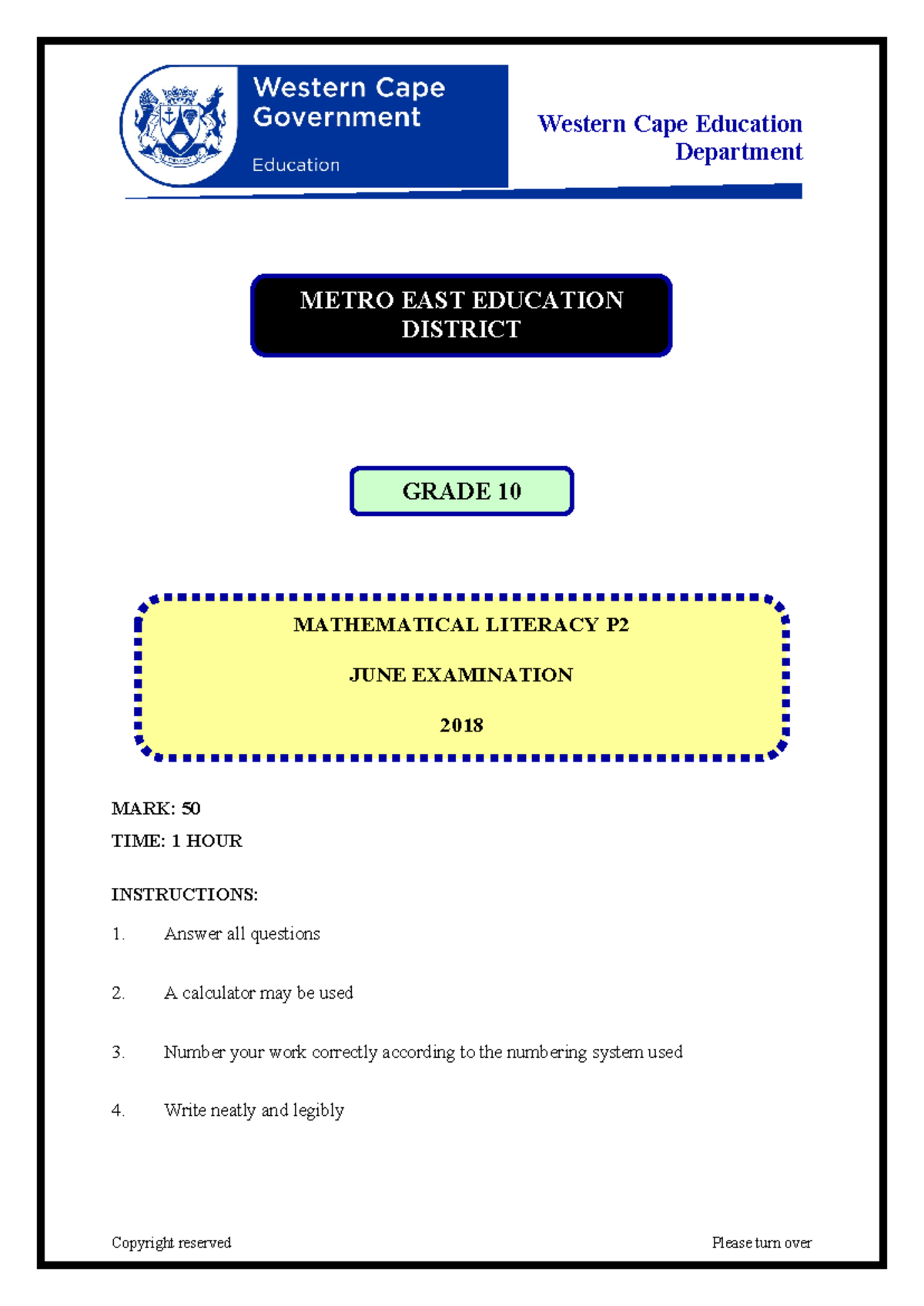 Gr 10 Maths Lit P2 June 2018 Exam - Metro East Education - Studocu