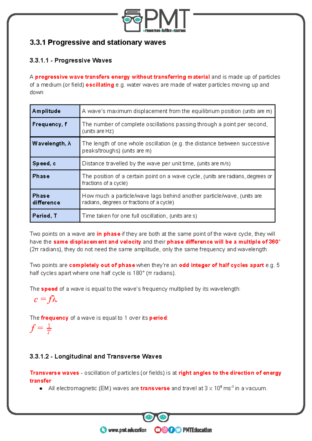 PMT Waves: Detailed Notes on Progressive & Stationary Waves - Studocu