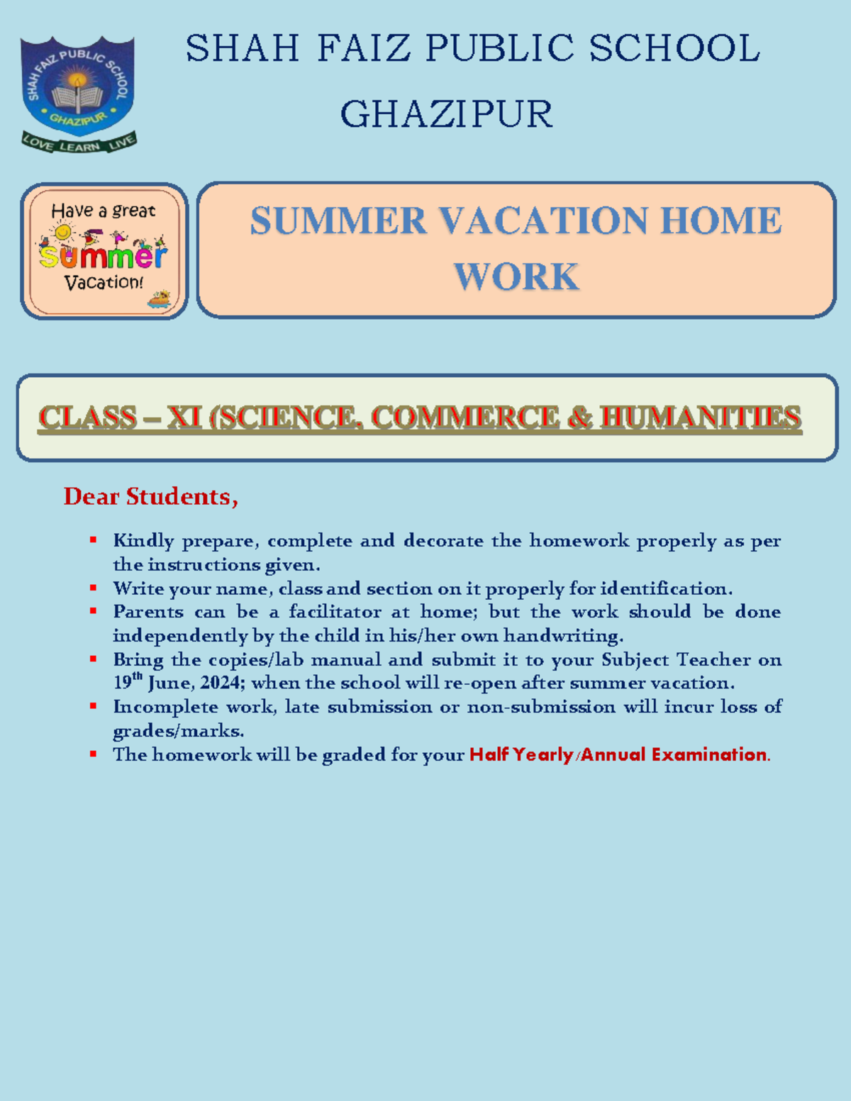 Summer Vacation Homework for Class XI - 2024 - Studocu