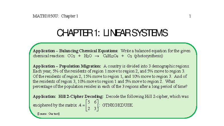 MATH1850U: Lecture 1 - Systems of Linear Equations Notes - Studocu