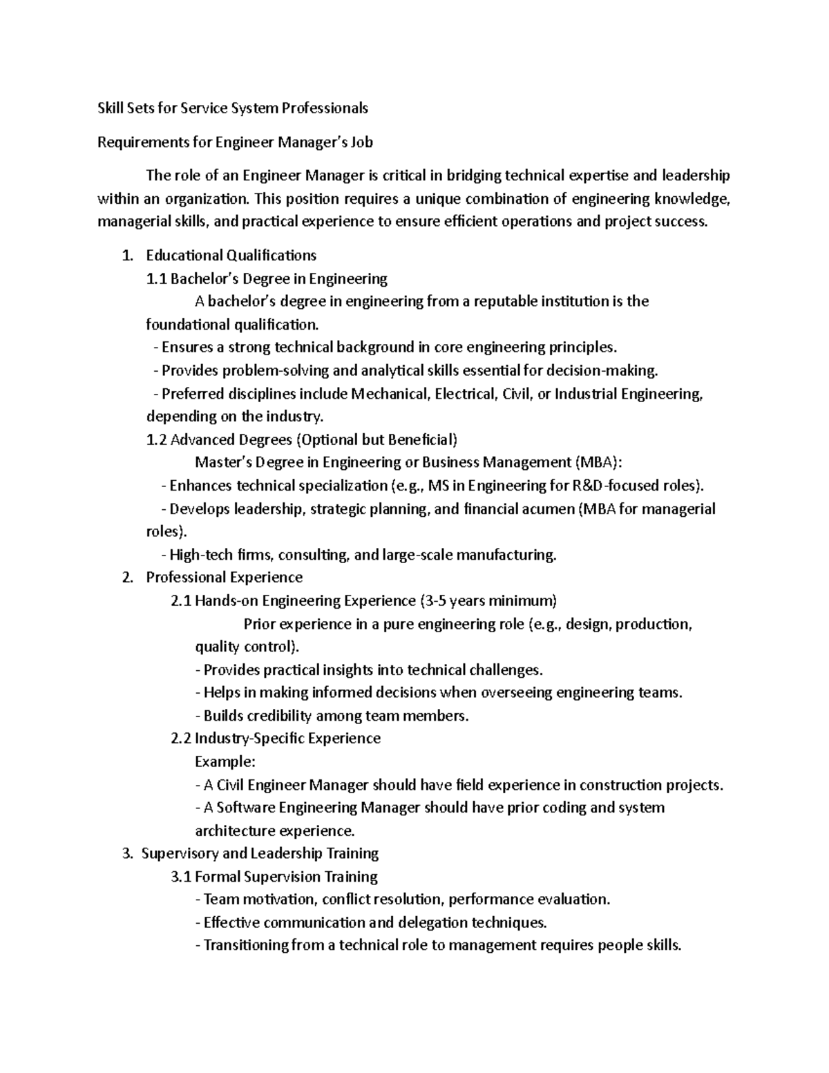 Skill Sets for Service System Professionals: Engineer Job Requirements - Studocu